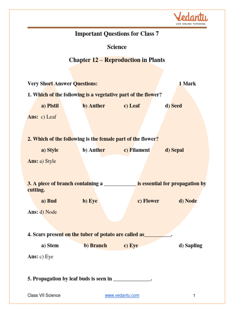 Important Questions for CBSE Class 7 Science Chapter 12 - Reproduction ...