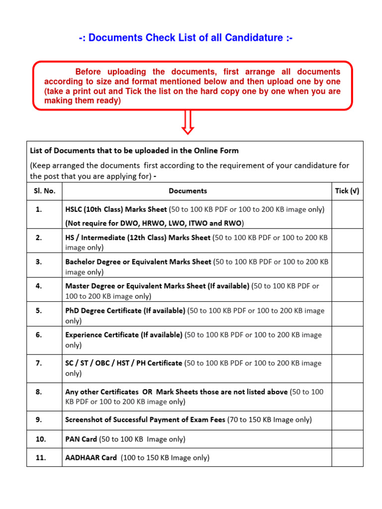 Document Check List (All Candidature) | PDF