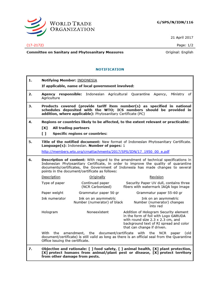 New Format of Indonesian Phytosanitary Certificate | PDF