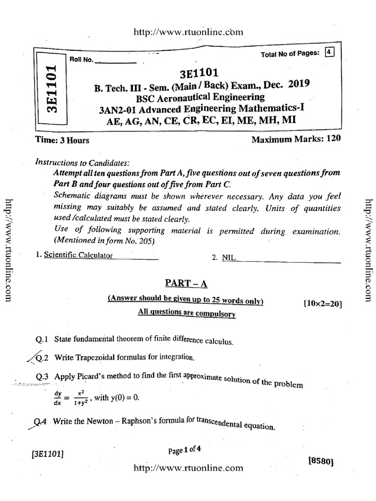 Btech 3 Sem Advanced Engineering Mathematics 1 3e1101 Dec 2019 | PDF