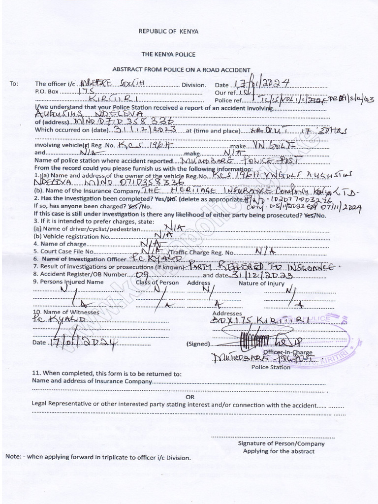 Kenya Police Accident Abstract Form | PDF | Witness | Police