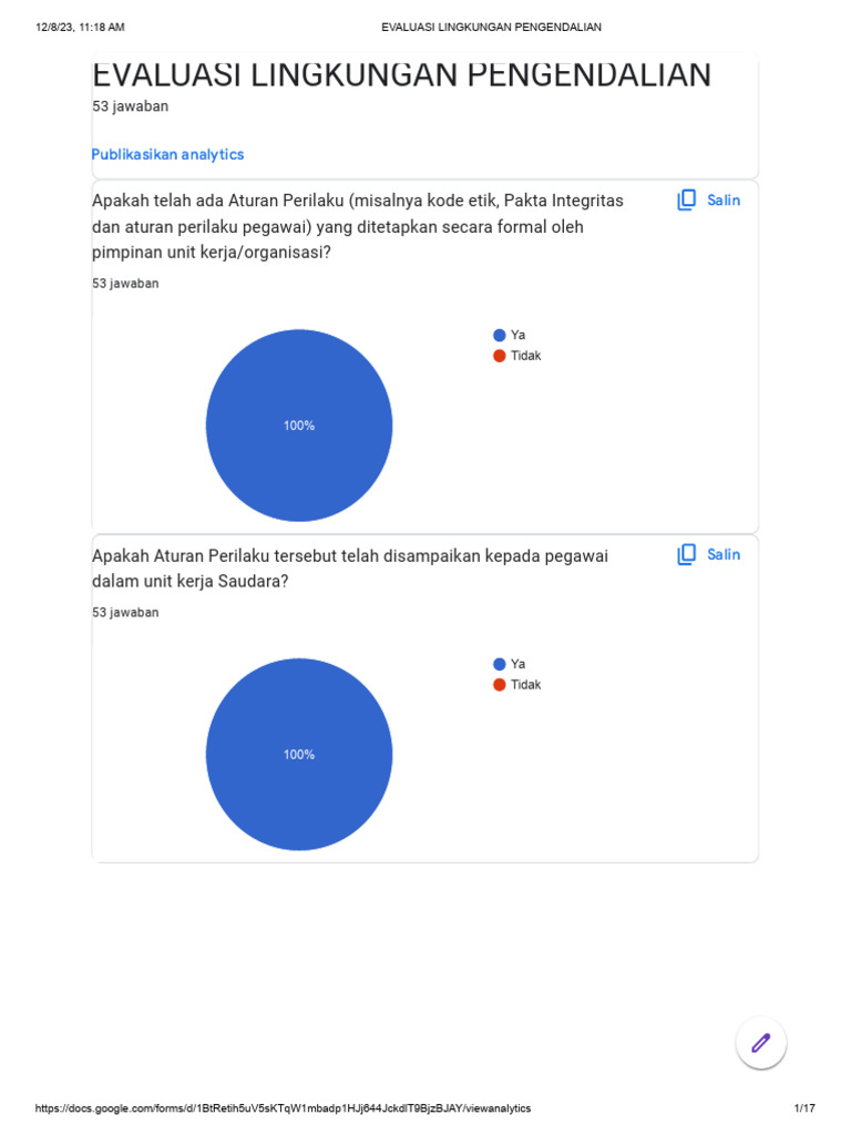 Hasil Kuisioner Evaluasi Lingkungan Pengendalian Dalam Bentuk Diagram Lingkaran | PDF
