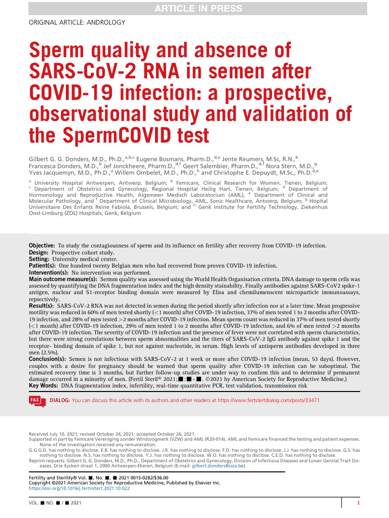 Donders Et Al. - 2021 - Sperm Quality and Absence of SARS-CoV-2 RNA in ...