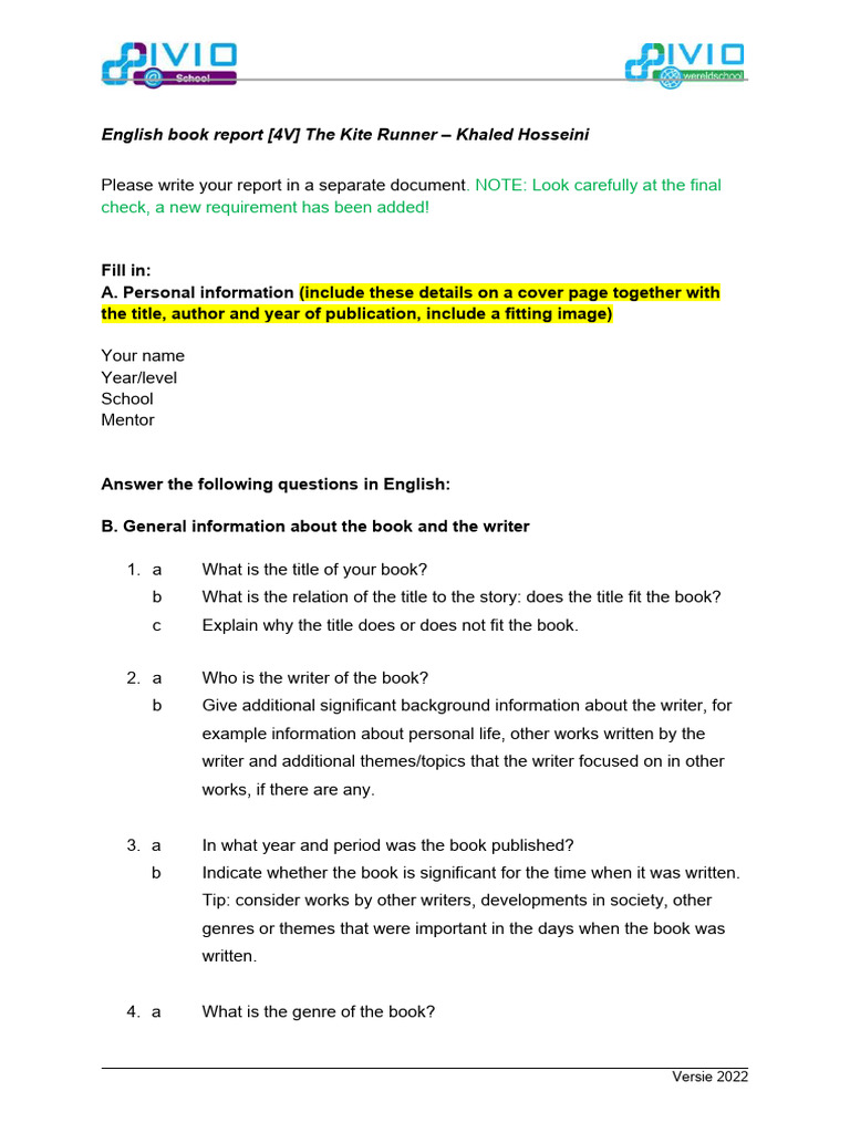 Format Boekverslag Kite Runner Bovenbouw Vwo4 | PDF | Books | Narration