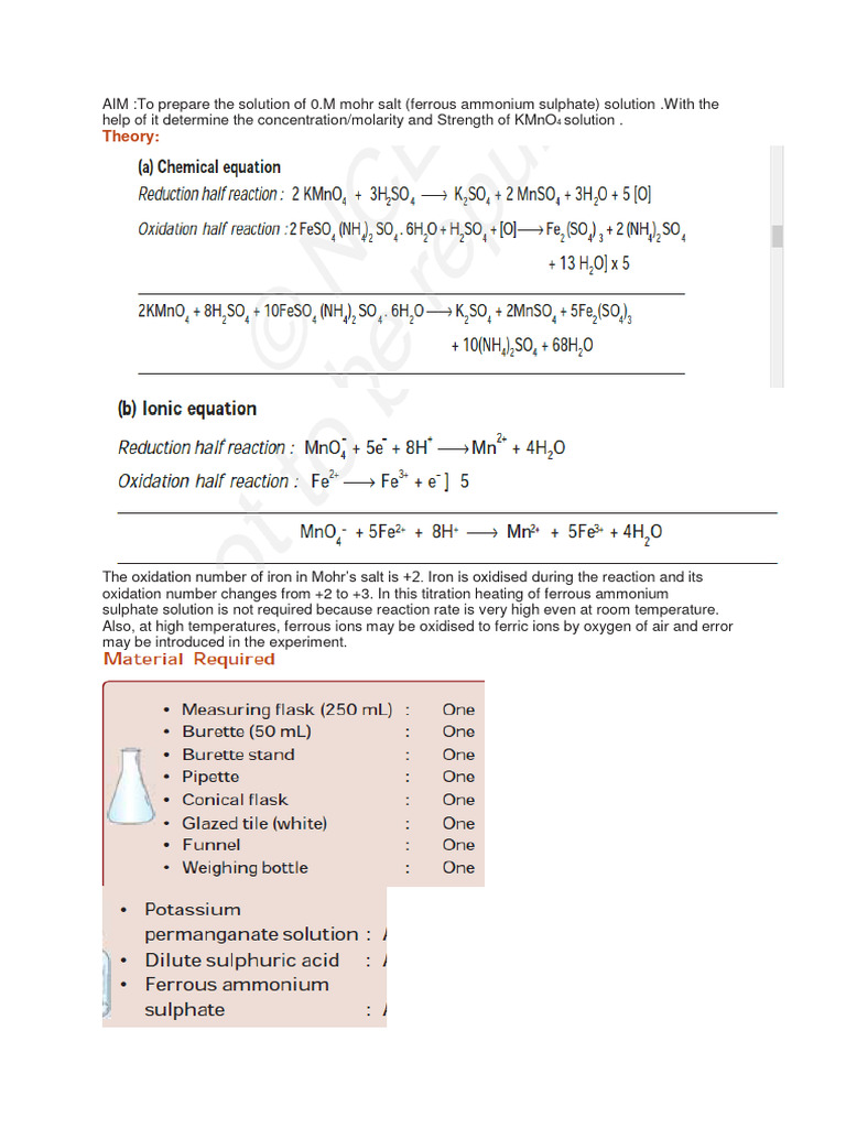 Experiment 9 TItration of Mohr Salt With KMnO4 | PDF