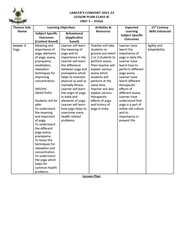 Lesson Plan Class XI (Chapter - 5 - Yoga) ) | PDF
