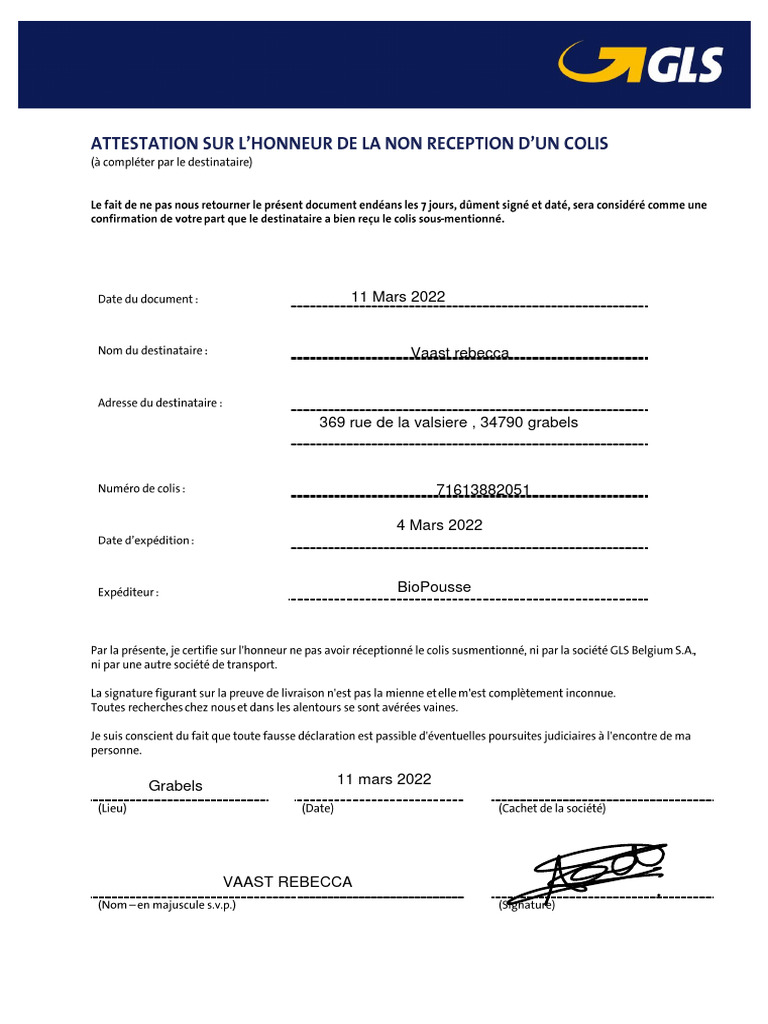 GLS, Déclaration Sur L'honneur Non Reception Colis | PDF