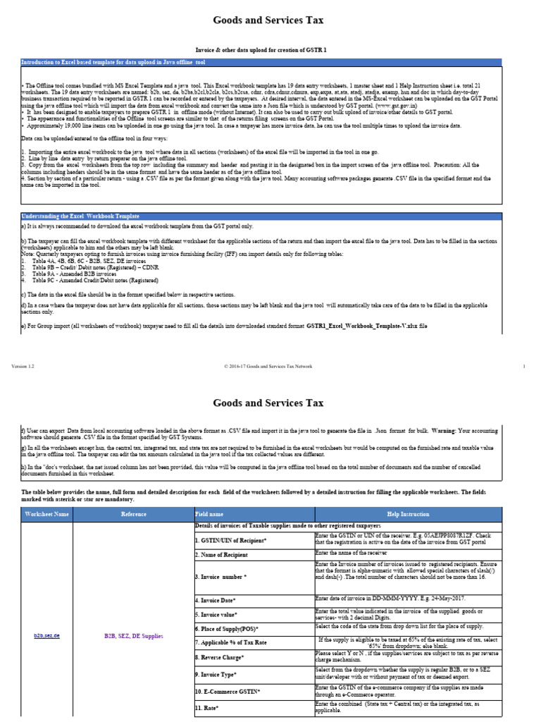 GSTR 1 Excel Template Guide | PDF | Invoice | Microsoft Excel