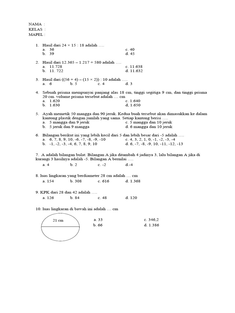 Soal MTK Untuk Latihan | PDF | Metode & Bahan Ajar | Griya & Taman