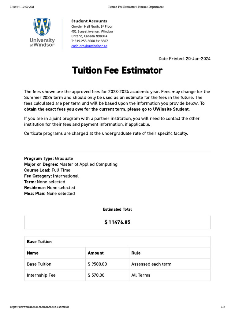 Tuition Fee Estimator - Finance Department | PDF | Fee | Tuition Payments
