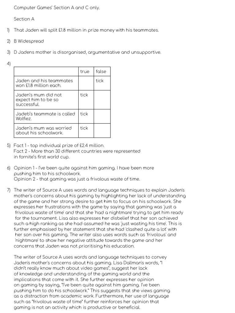 Computer Games' Section A and C Only H - W | PDF | Knowledge | Social ...