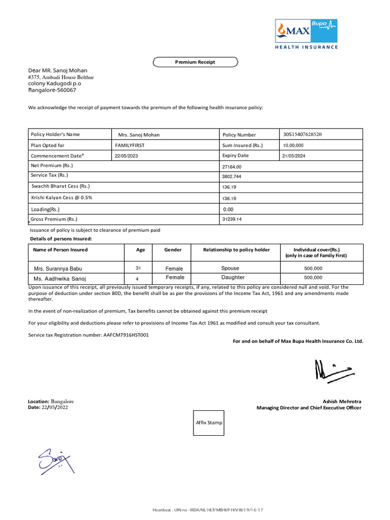 Max Bupa Health Insurance Premium Receipt | PDF | Insurance | Financial ...