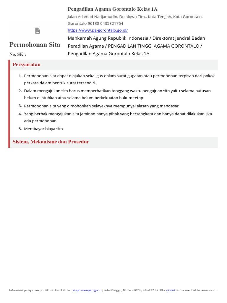 Unduh Standar Pelayanan - Permohonan Sita | PDF