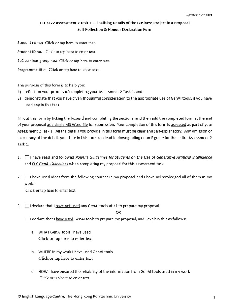 ELC3222 Assessment 2 Task 1 (Proposal) - Self-Reflection & Honour ...