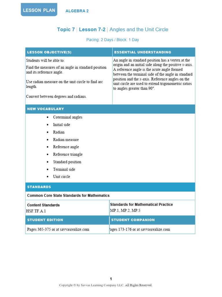 Savvas Lesson Plan 7-2 | PDF | Angle | Circle