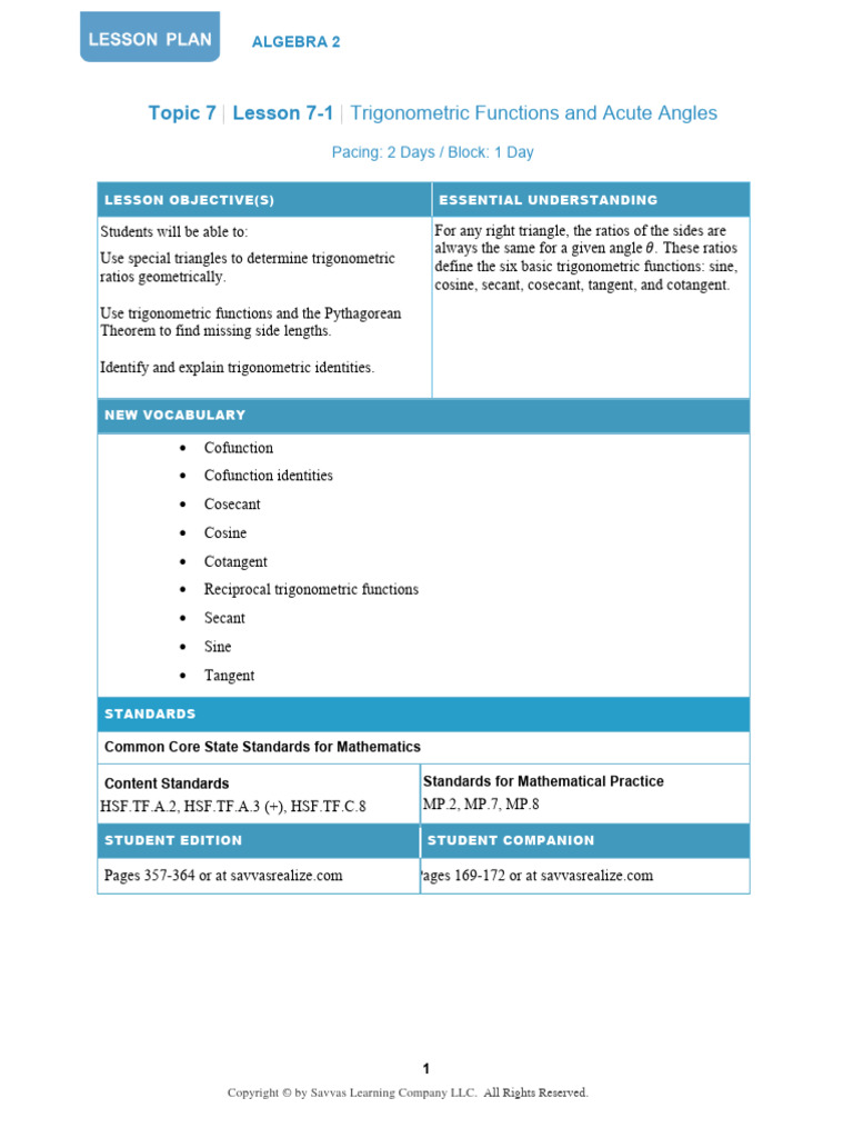 Savvas Lesson Plan 7-1 | PDF | Trigonometric Functions | Trigonometry