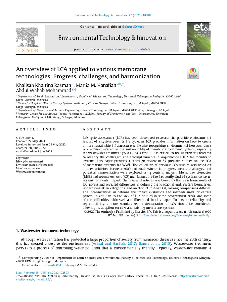 An Overview of LCA Applied To Various Membrane (Profress, Challenges, and Harmonization) | PDF ...