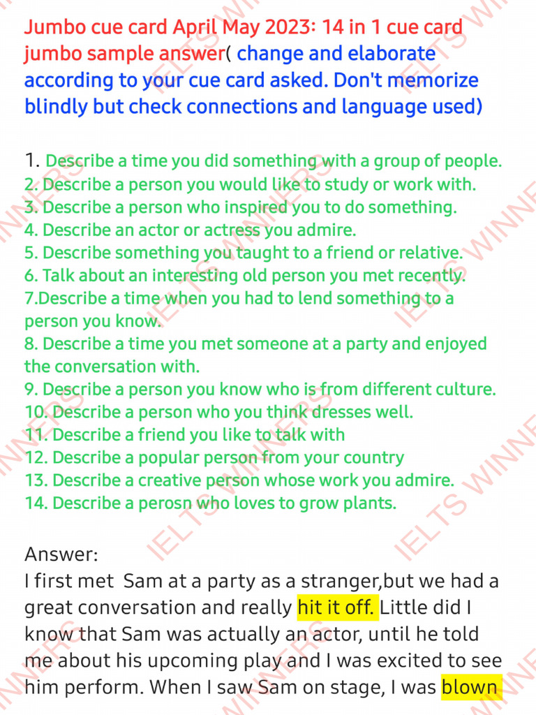 14 in 1 Jumbo IELTS Cue Card Sample For April May 2023 | PDF