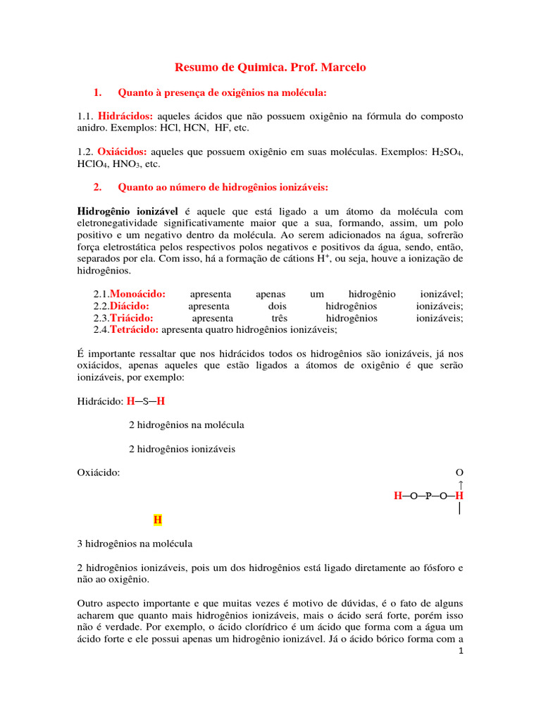 Resumo de Quimica Prof. Marcelo | PDF | Sal (Química) | Hidróxido