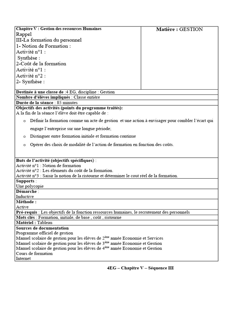 Fiche Seance 1 Sequence 3 Chapitre Gestion Des Ressources Humaines | PDF