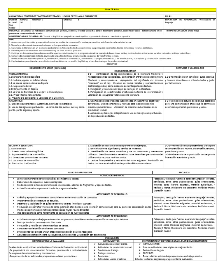 Encuadre de La Clase de Castellano y Plan Lector D-Cimo | PDF | Prosa | Comprensión lectora