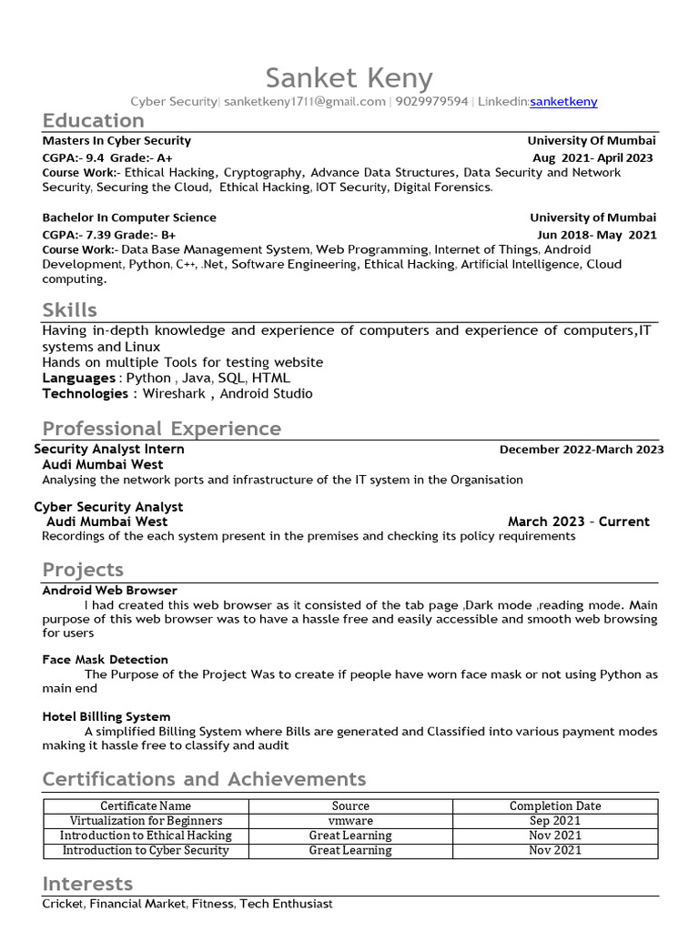 Sanket's Resume-1 | PDF | Computer Security | Security