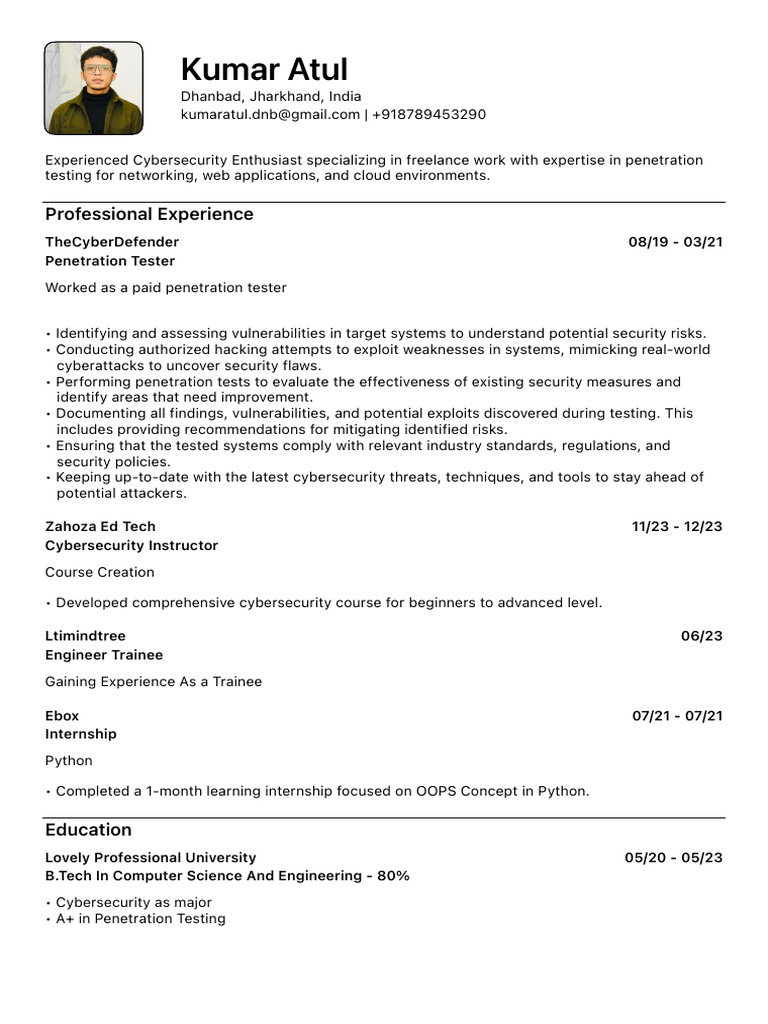 Cybersecurity Expert & Pen Tester Resume | PDF