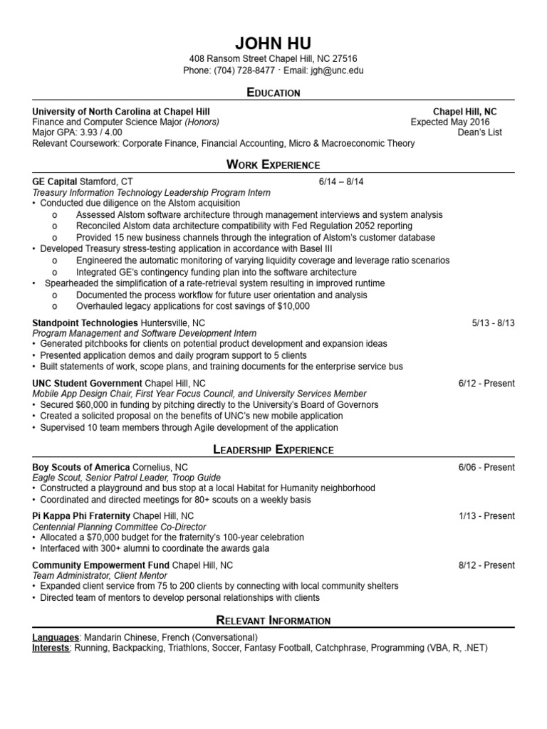 UNC Resume of John Hu | PDF | University Of North Carolina At Chapel ...
