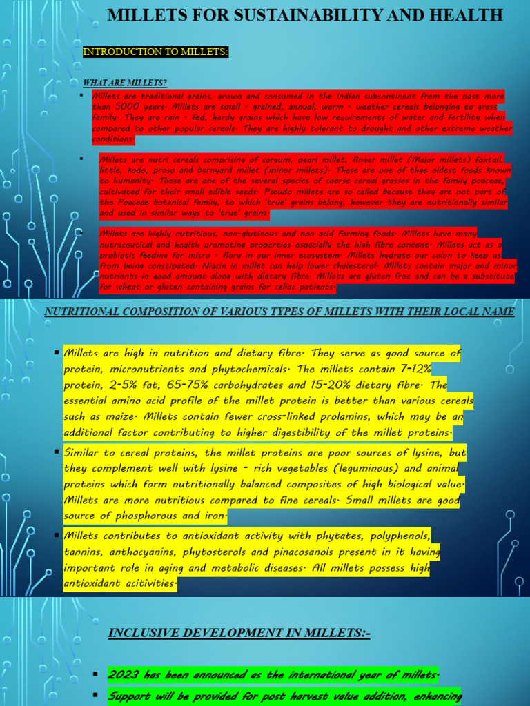 Millets: Health and Sustainability Benefits | PDF | Cooking, Food & Wine