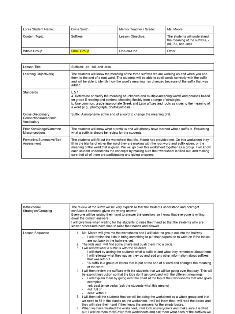 Suffixes Lesson Plan for 2nd Graders | PDF | Word | Lesson Plan