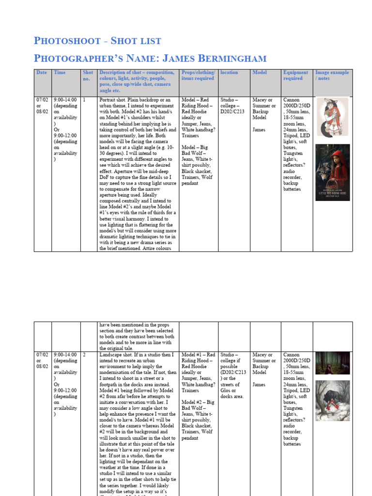 Photoshoot Shot List by James | PDF | Camera | Camera Lens