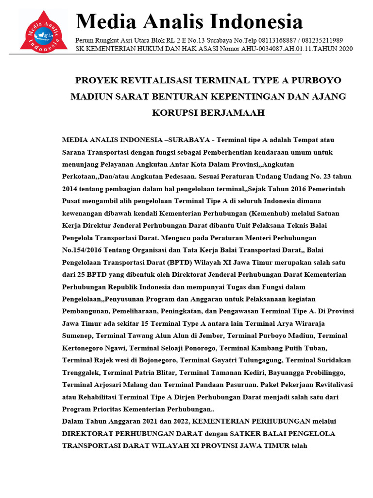 Proyek Revitalisasi Terminal Type A Purboyo Madiun Sarat Benturan Kepentingan Dan Ajang Korupsi ...