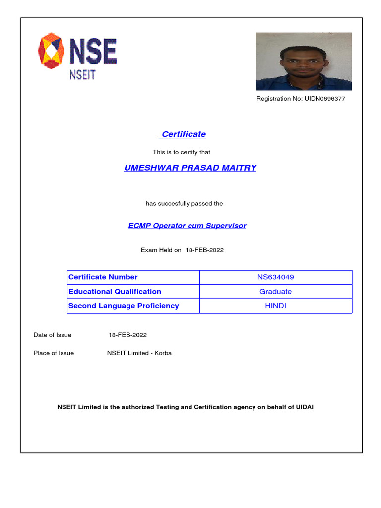 Certificate: Registration No: UIDN0696377 | PDF