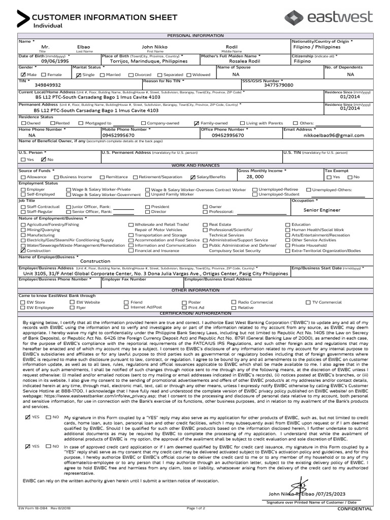 Customer Information Sheet-Individual 20180919 Sign | PDF | Employment ...