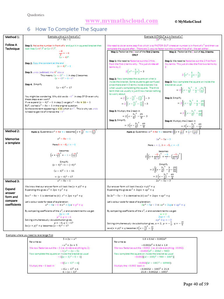 Completing The Square (Technique Only) Cheat Sheet | PDF ...