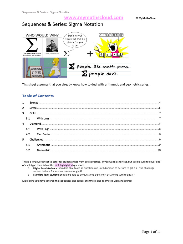 Sigma Notation Worksheet by Topic + Solutions | PDF | Summation ...