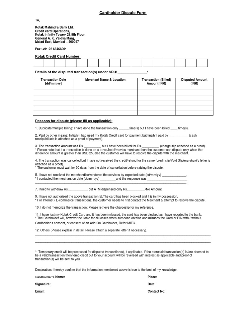 Card Holder Dispute Form | PDF | Credit Card | Financial Transaction