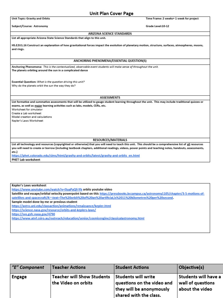 5E Unit Plan | Download Free PDF | Orbit | Gravity