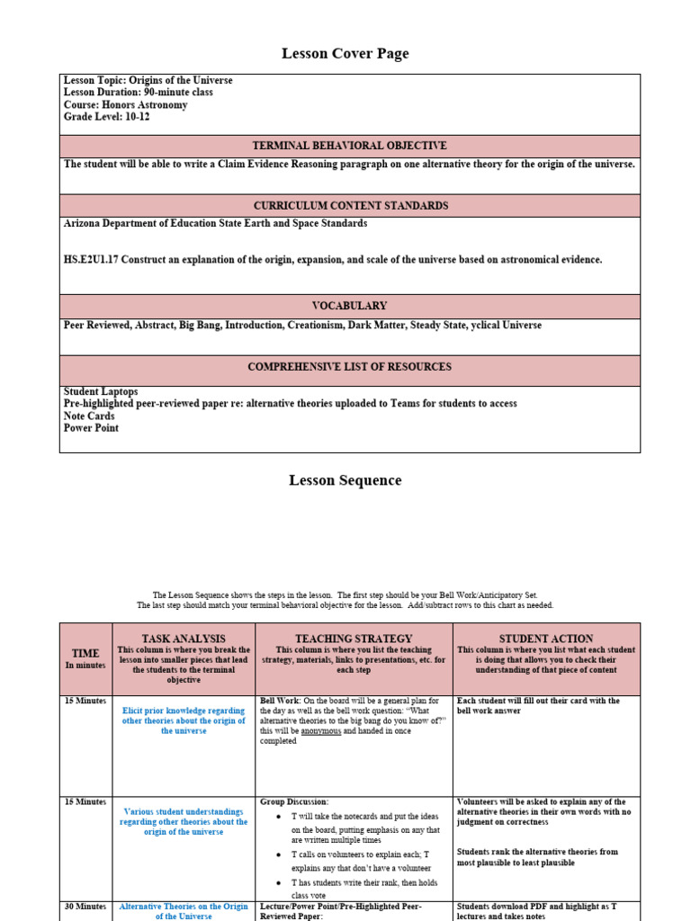 Alternate Theories Lesson Plan | PDF | Physical Cosmology | Universe