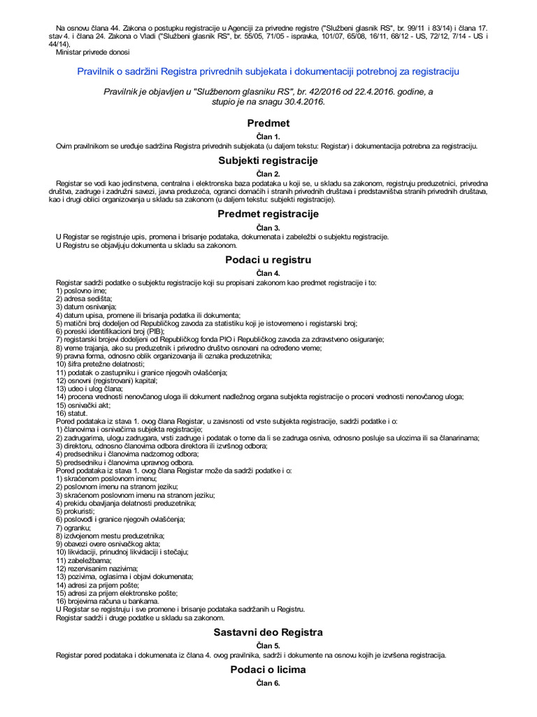 Pravilnik o Sadrzini Registra Privrednih Subjekata I Dokumentaciji Potrebnoj Za Registraciju | PDF