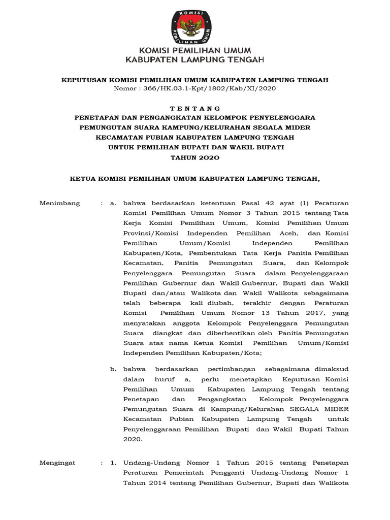 SK No. TTG PENETAPAN KPPS 2020 | PDF