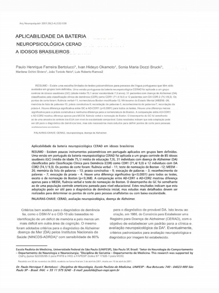 Aplicabilidade Da Bateria Neuropsicológica CERAD em Idosos Brasileiros ...