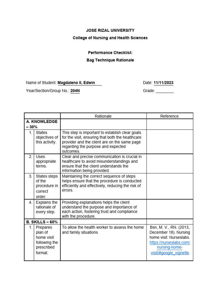 Bag Technique Rationale | PDF | Nursing | Health Care