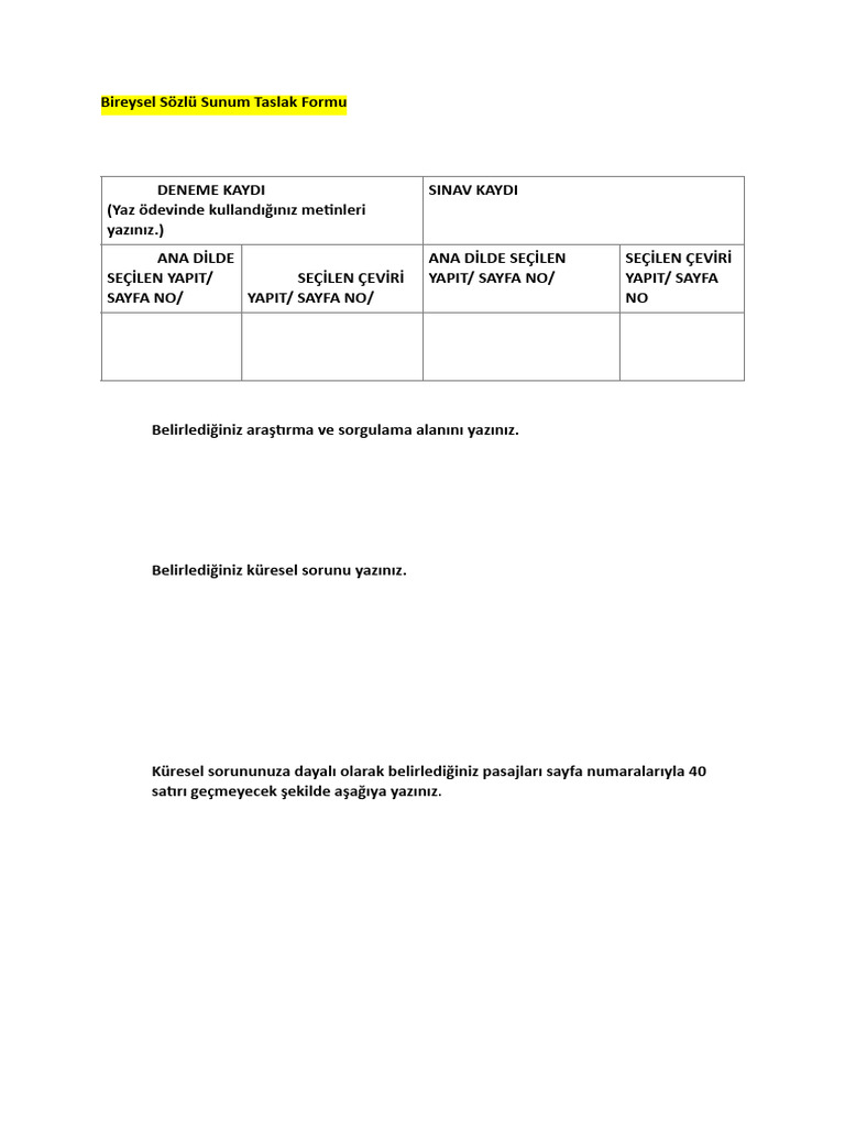 Bireysel Sözlü Sunum Taslak Formu (1) 5 | PDF