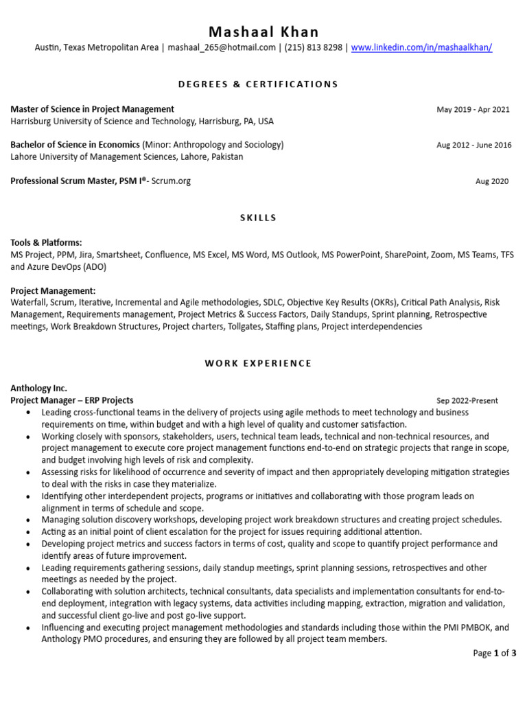 Mashaal - Khan - Resume 1 19 23 | PDF | Project Management | Agile ...