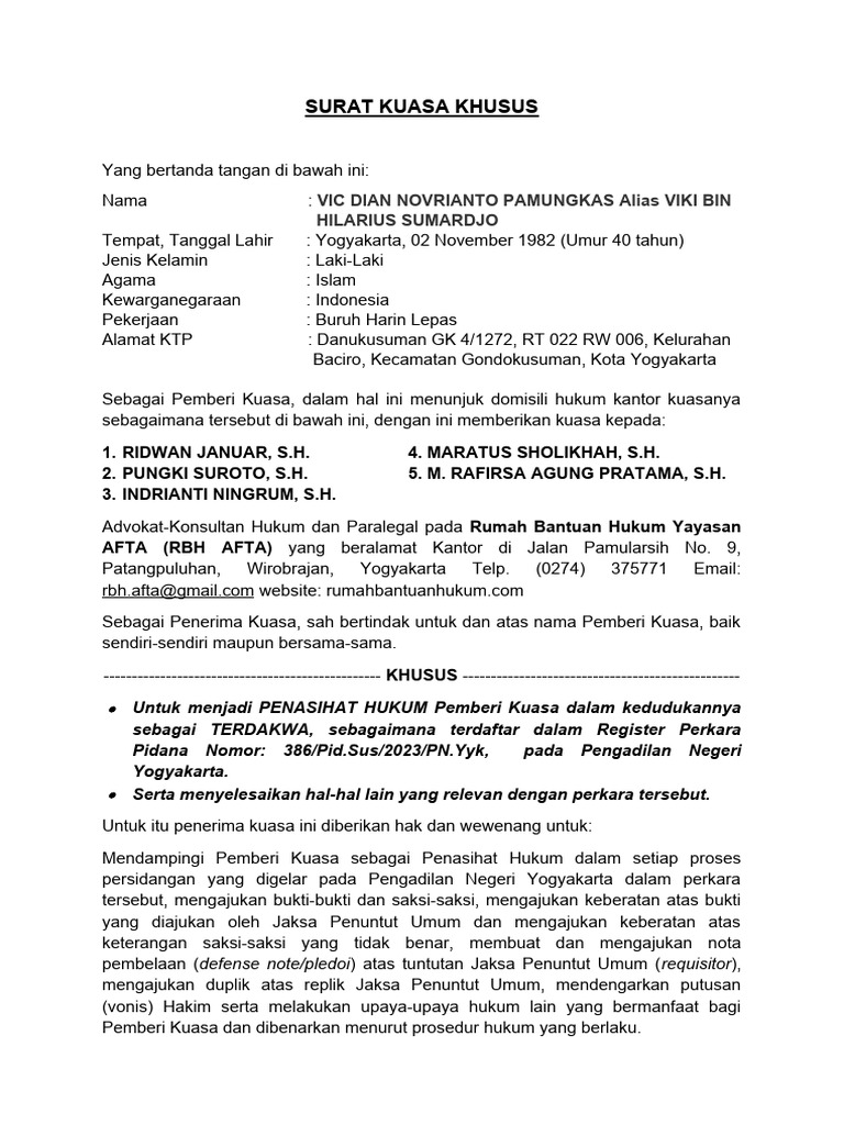 Surat Kuasa Khusus Penasihat Hukum | PDF | Hukum