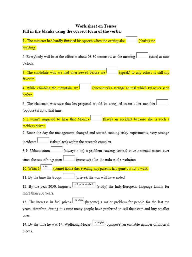 Work Sheet on Tenses | PDF
