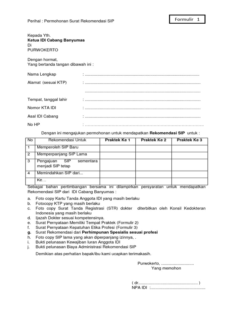 Surat Permohonan Surat Rekomendasi SIP (3lbr) | PDF