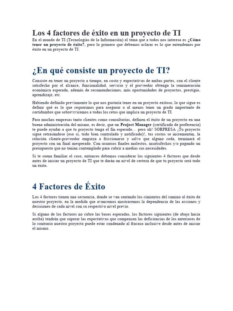 4 Claves para el Éxito en Proyectos de TI | PDF | Presupuesto | Software