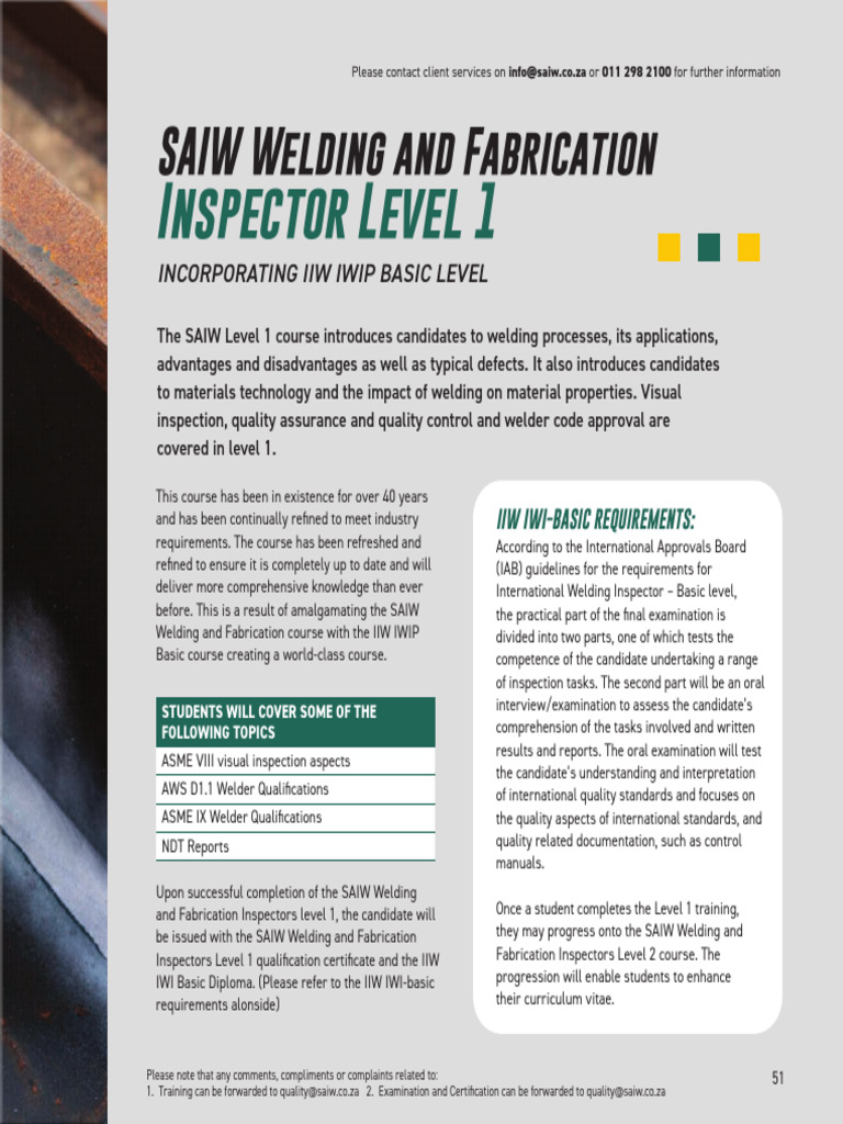 SAIW Welding and Fabrication Inspector Level 1 Course 2023 | PDF